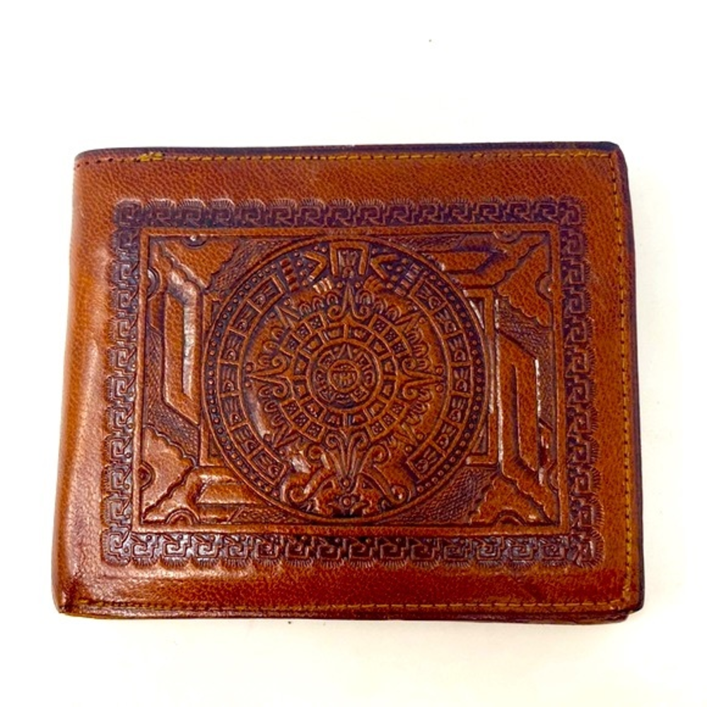 1970's Aztec Calender Leather Tooled Wallet - Gem